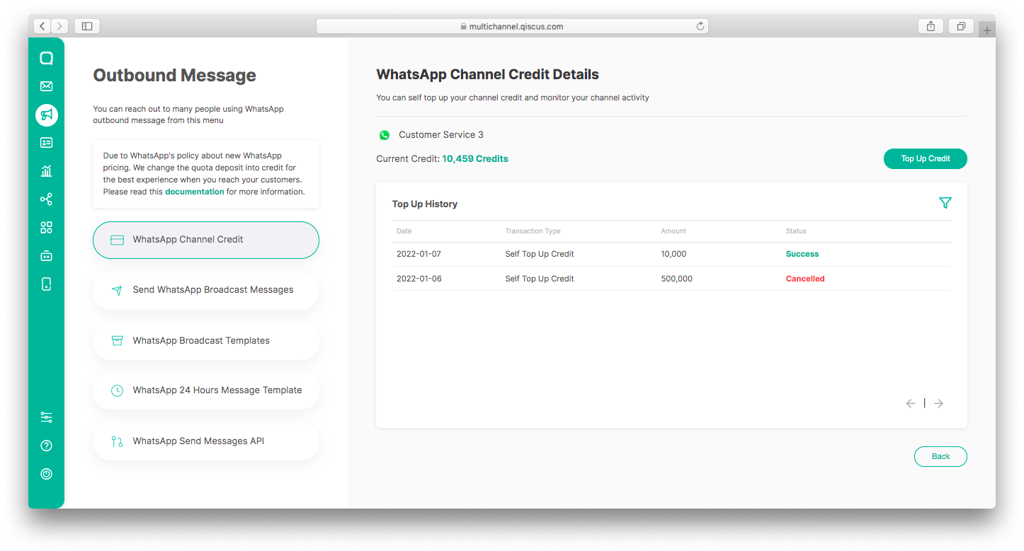 Self Top Up Credit - Documentations | Qiscus