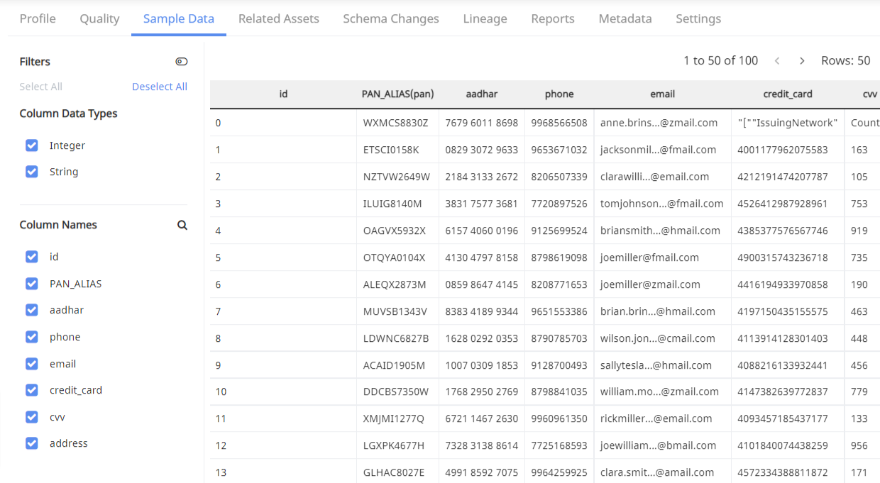 Asset Details Sample Data Tab - Torch